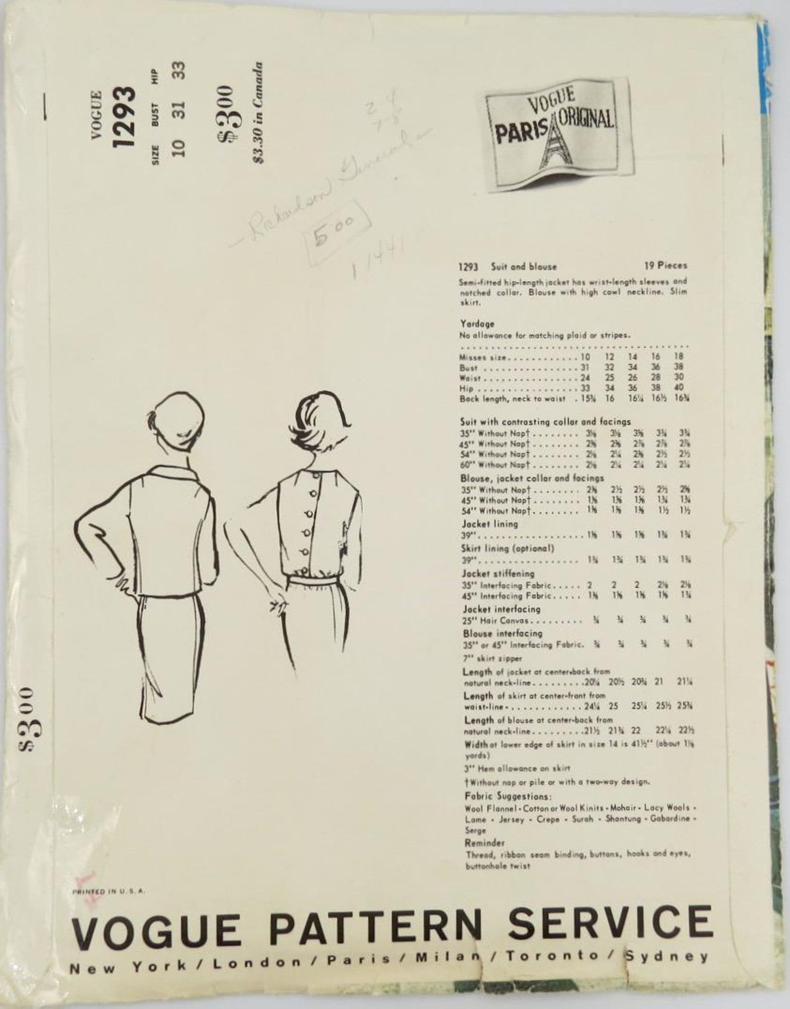 1960s Vogue Paris Original Pattern, Guy Laroche Jacket, Blouse, Skirt ...