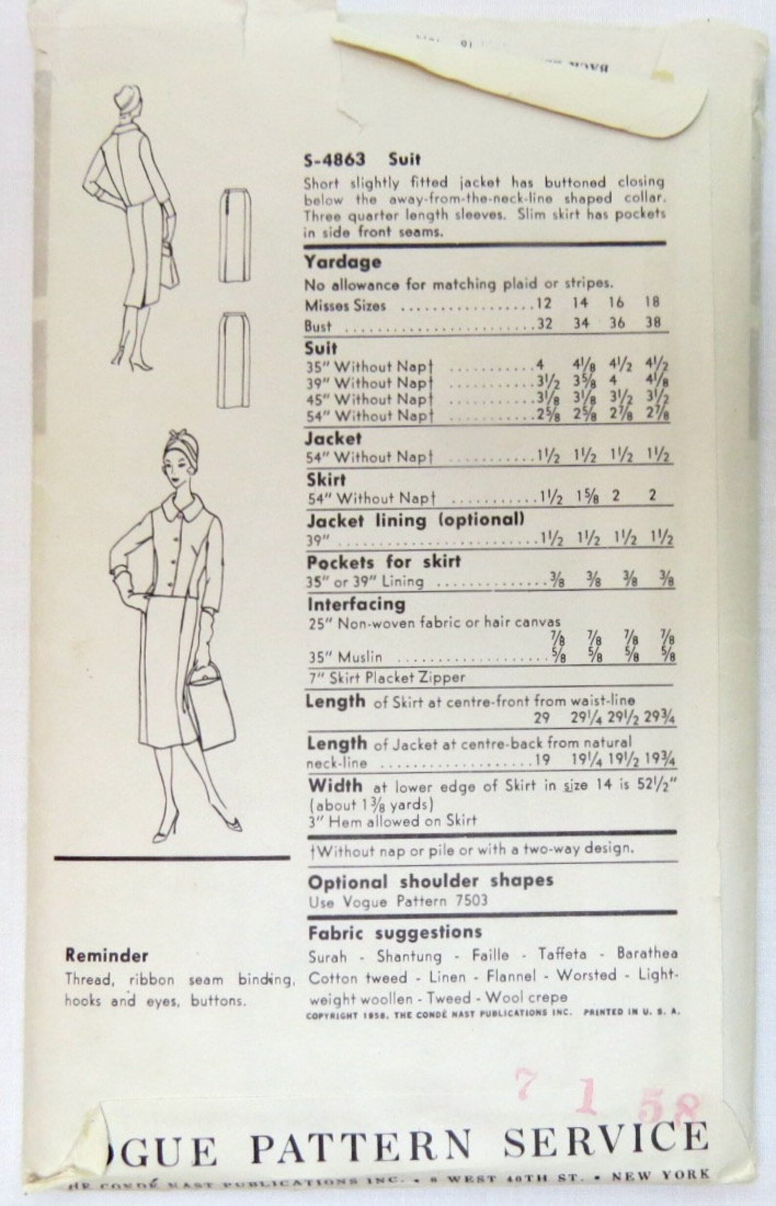 Vogue Special Design, Pattern 4863, Size 14, 1958, NOT CUT, Suit ...