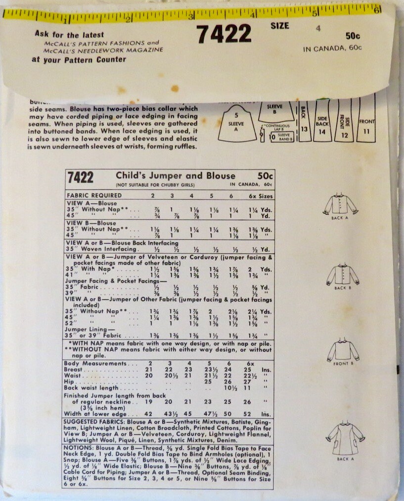 Vintage Mccalls Pattern, Vintage Girl's Jumper, Blouse, Pattern 7422 ...