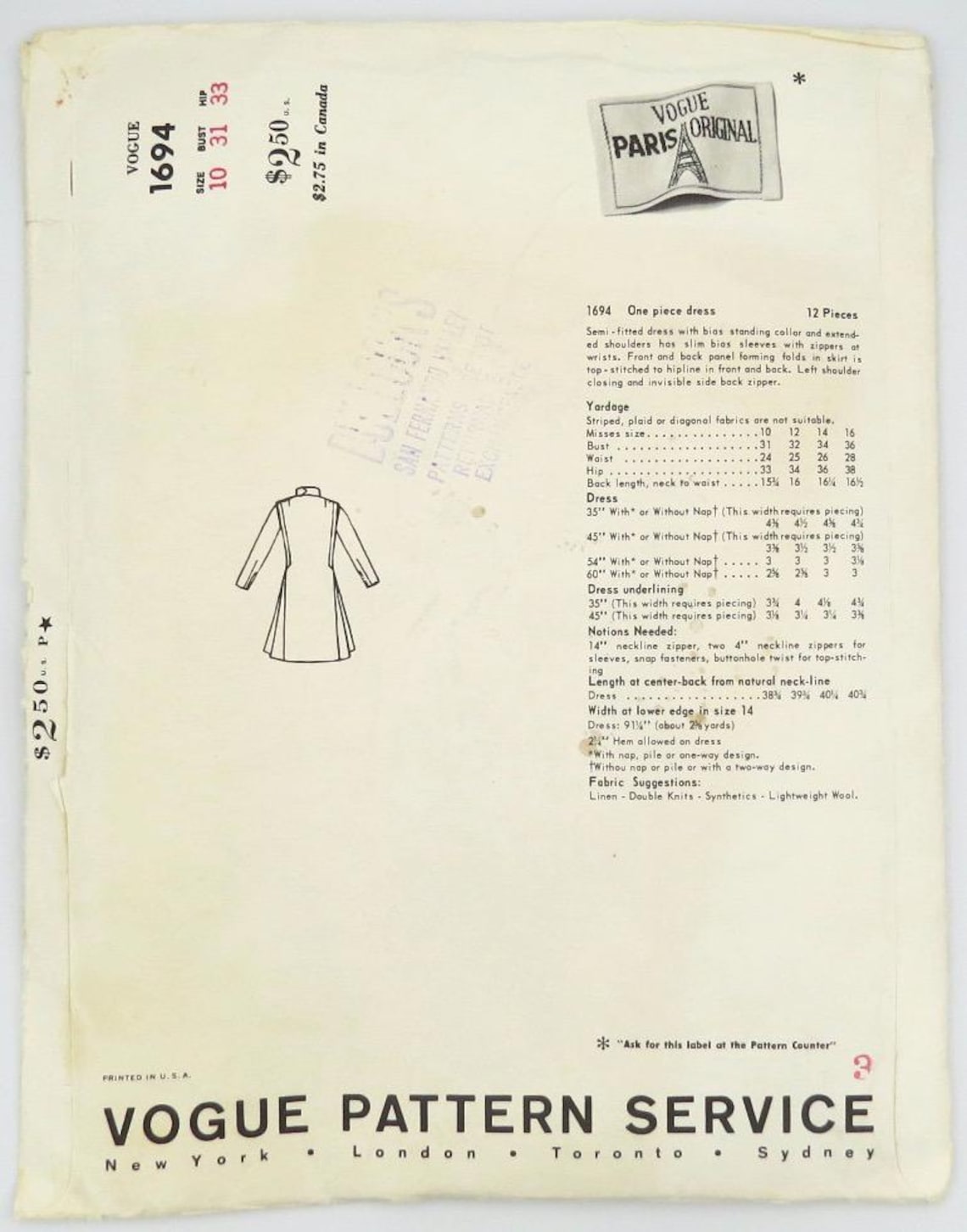 Vogue Paris Original, Pattern 1694, Size 10, PIERRE CARDIN, 1970s, Semi ...