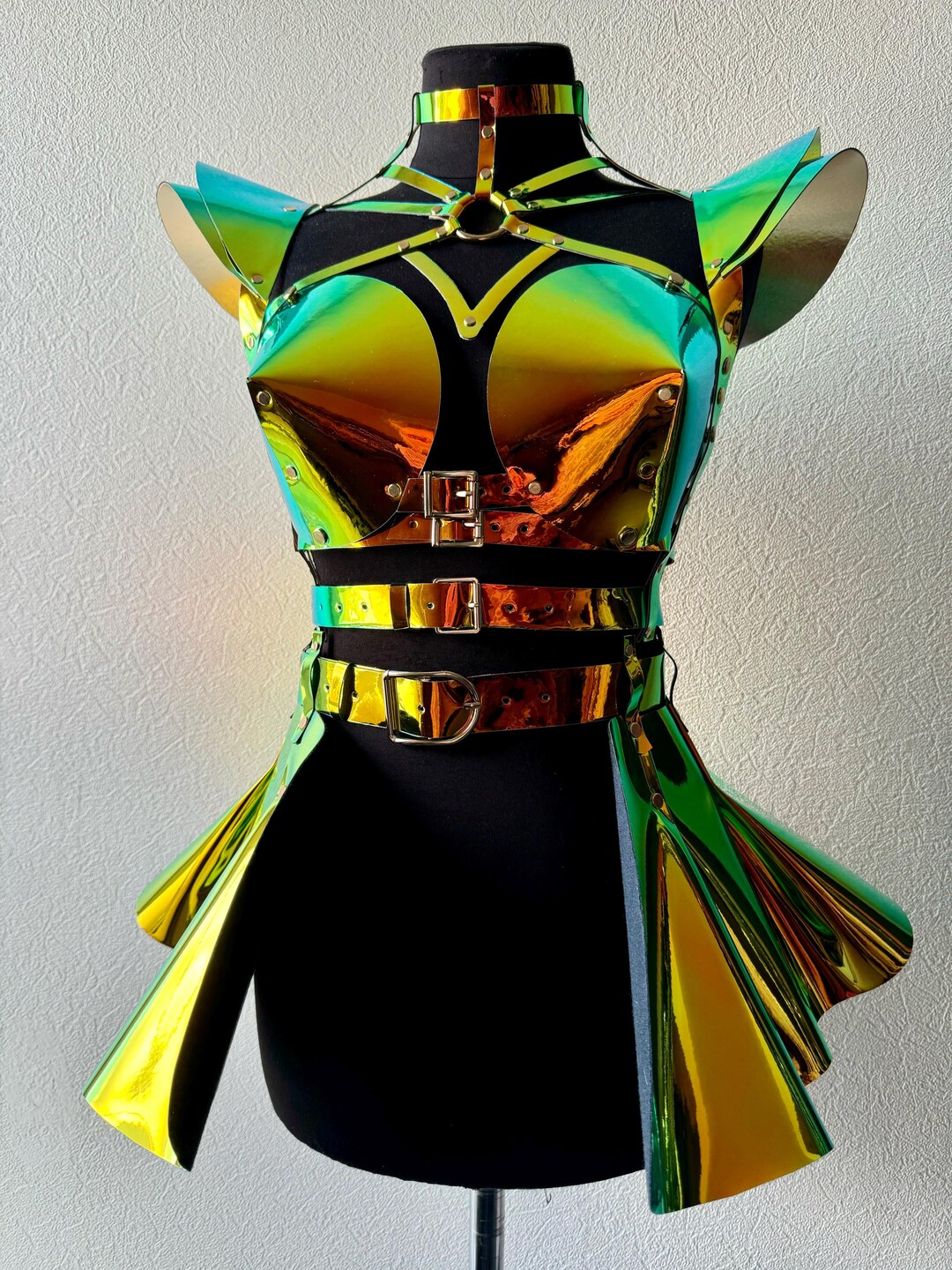 Holographic Festival Outfit, Cyberpunk Costume, Faux Leather Skirt Set ...