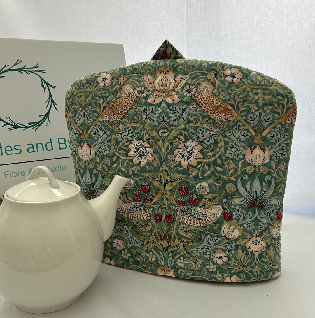William Morris Tea Cozy: Strawberry Thief Print, Aqua Floral Quilted ...