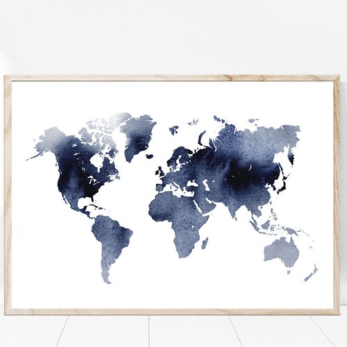 Navy Blue World Map Print Watercolor Print Printable Map Boy - Etsy