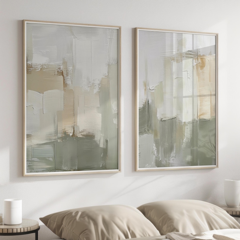 Light Green Abstract Painting Set of 2, Neutral Acrylic Print, Sage ...