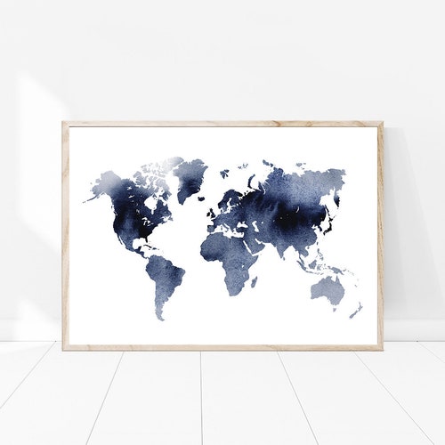 Blue World Map Printable Watercolour World Map Print Navy - Etsy