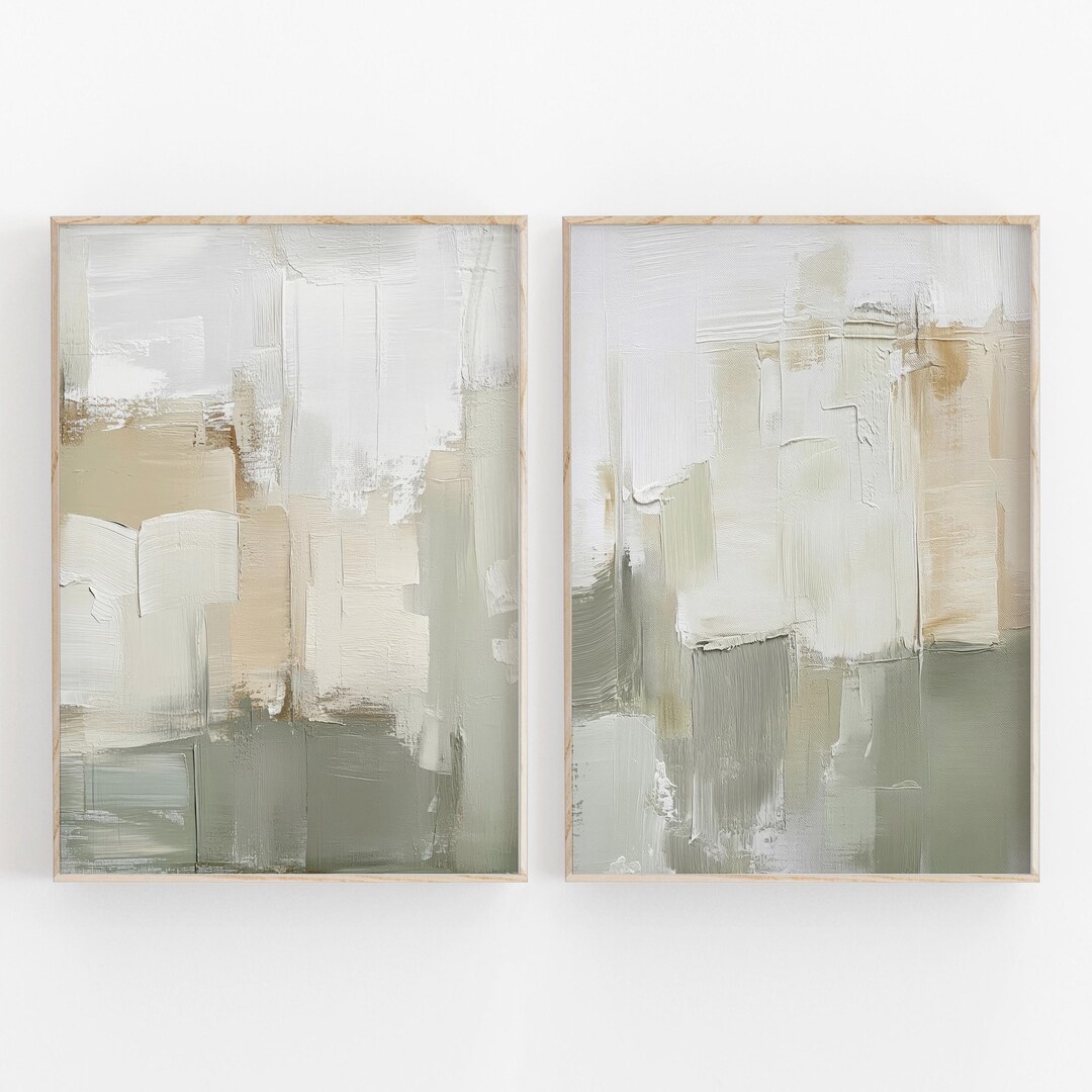 Light Green Abstract Painting Set of 2, Neutral Acrylic Print, Sage ...