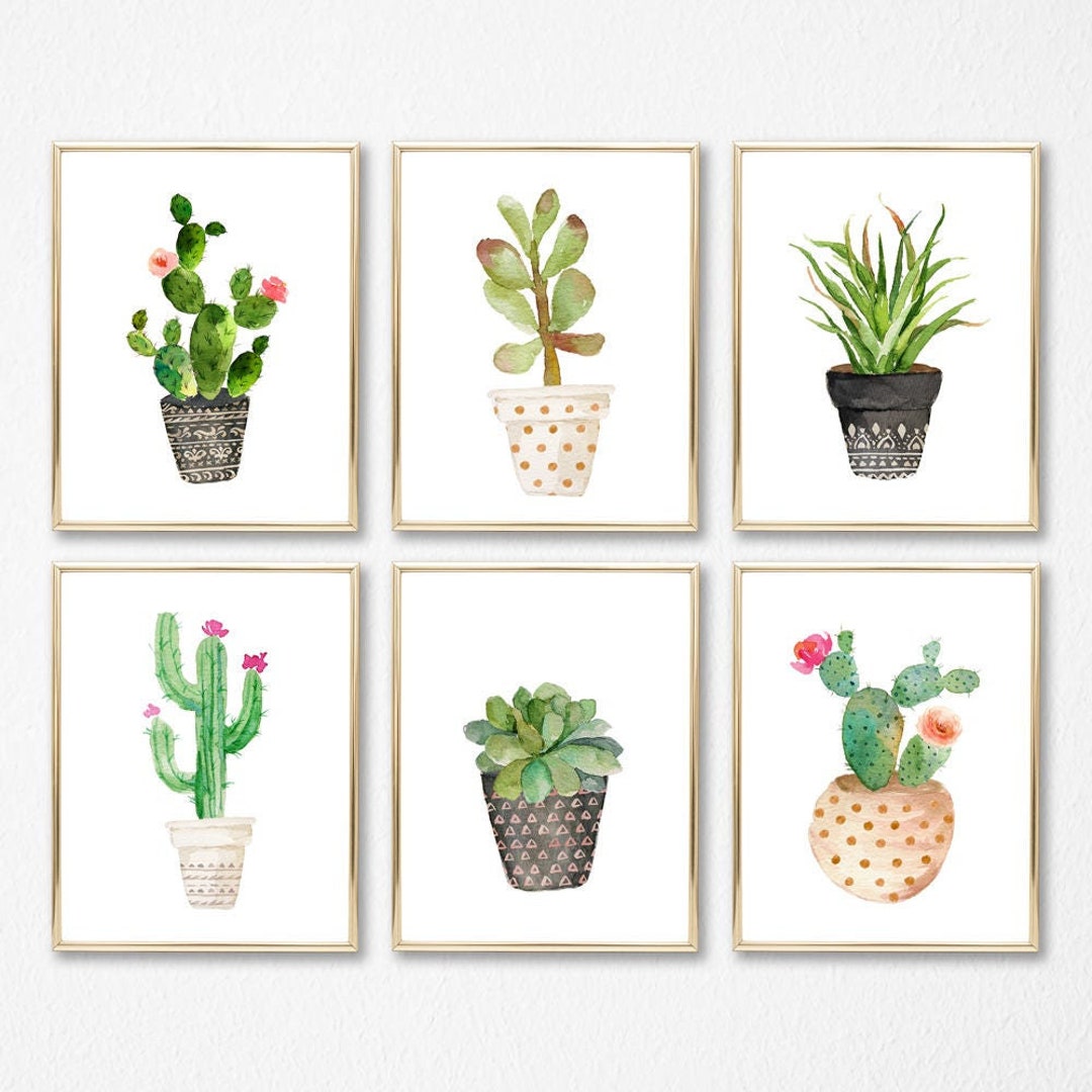 Set of 6 Cute Cacti Watercolor Digital Print Instant Art INSTANT ...
