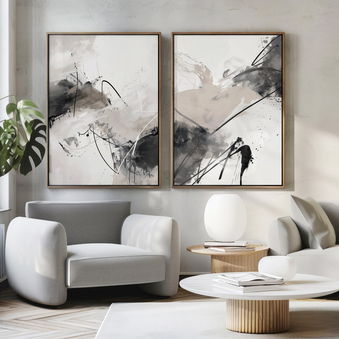 Grey and Black Painting Set of 2, Contemporary Abstract Print, INSTANT ...