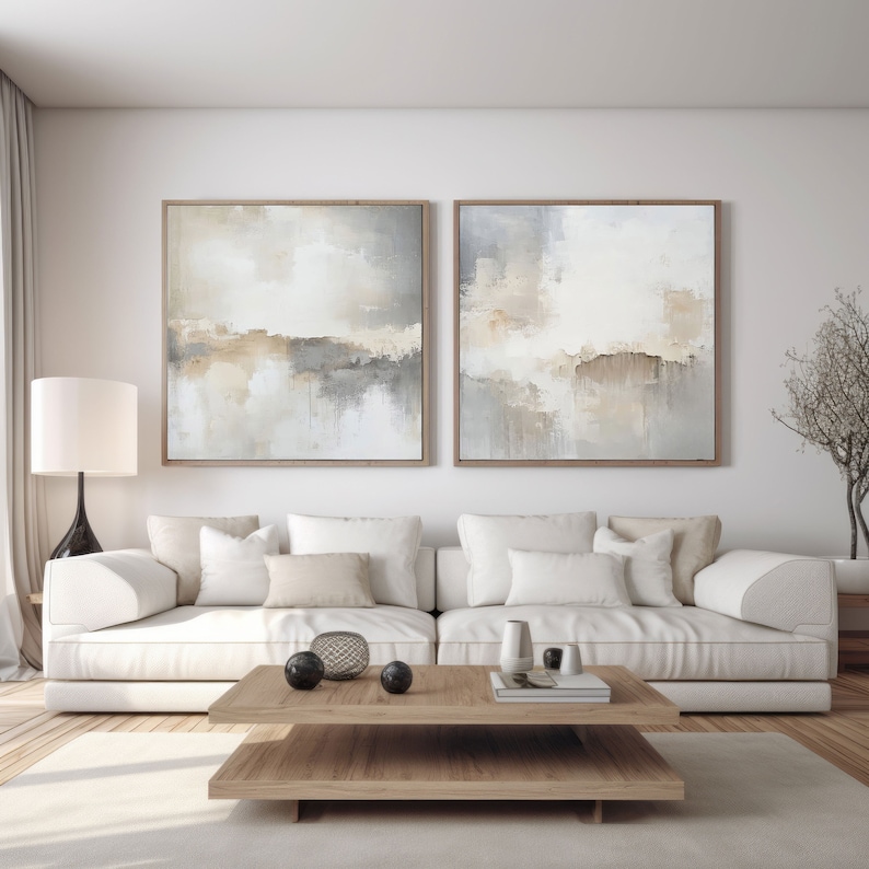 Neutral Beige Grey Abstract Painting Set of 2 Square Prints, Abstract ...