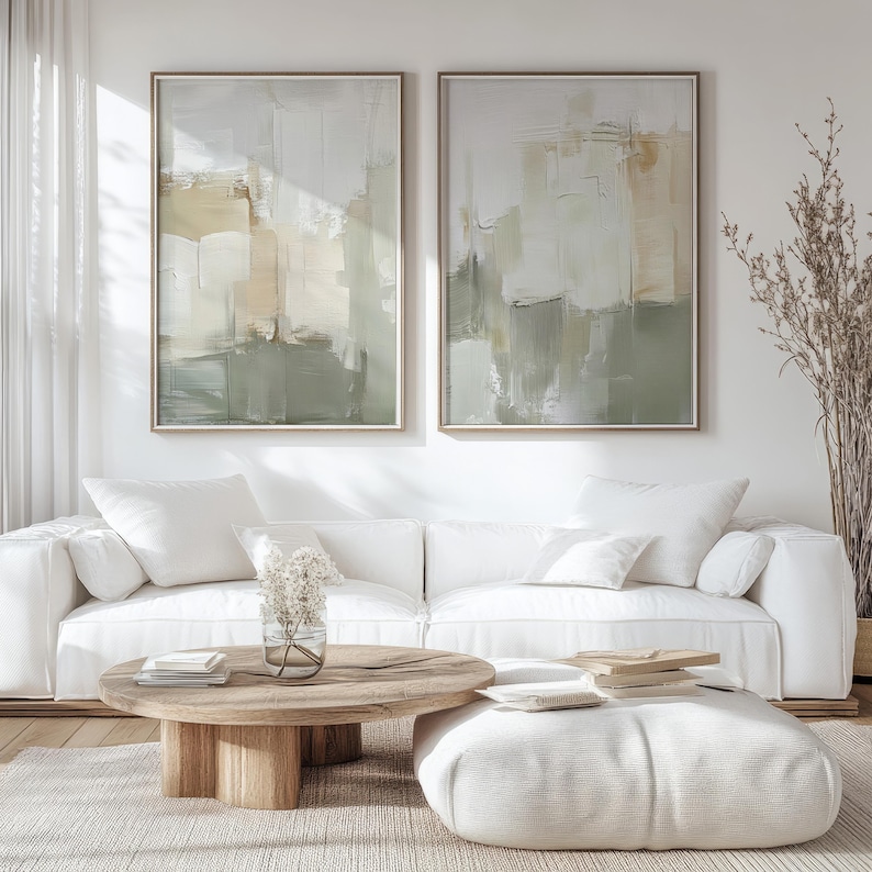 Light Green Abstract Painting Set of 2, Neutral Acrylic Print, Sage ...