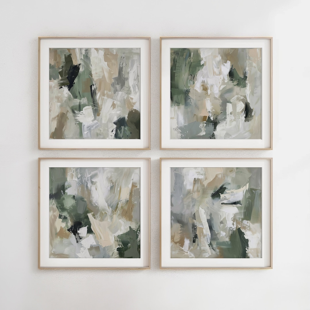 Abstract Green Painting Set of 4 Square Prints, Abstract Acrylic Print ...