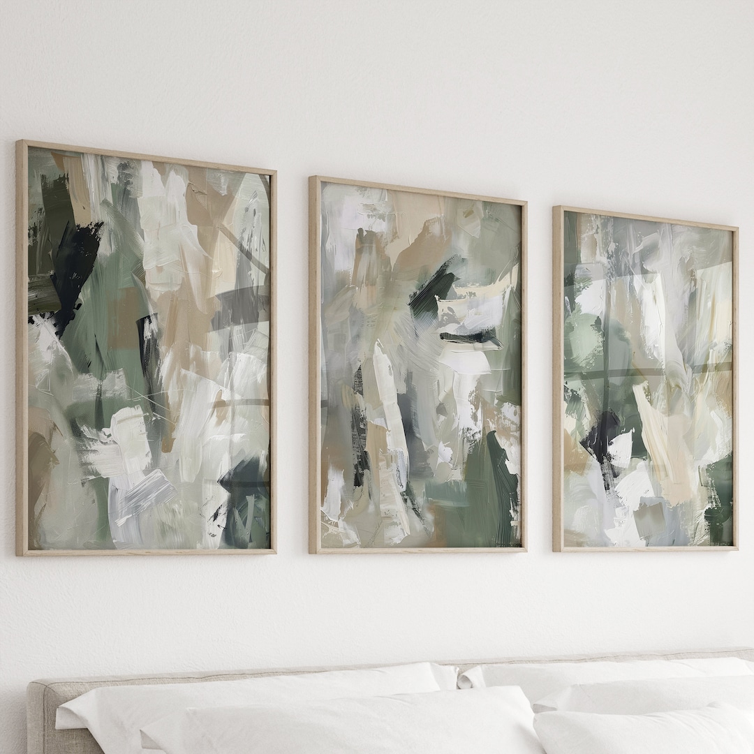 Green Abstract Painting Set of 3, Neutral Print, Sage Pastel Green ...