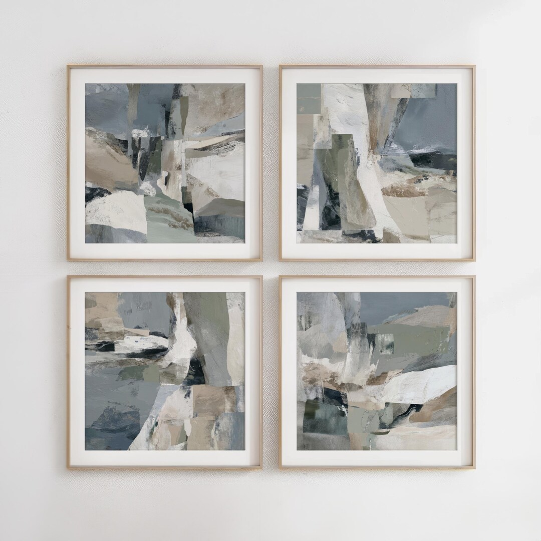 Abstract Muted Blue Green Painting Set of 4 Square Prints, Acrylic ...