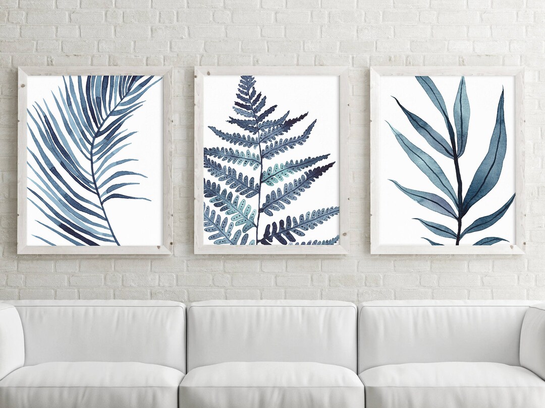 Set of 3 Blue Palm Leaves Print Instant Art INSTANT DOWNLOAD Printable ...