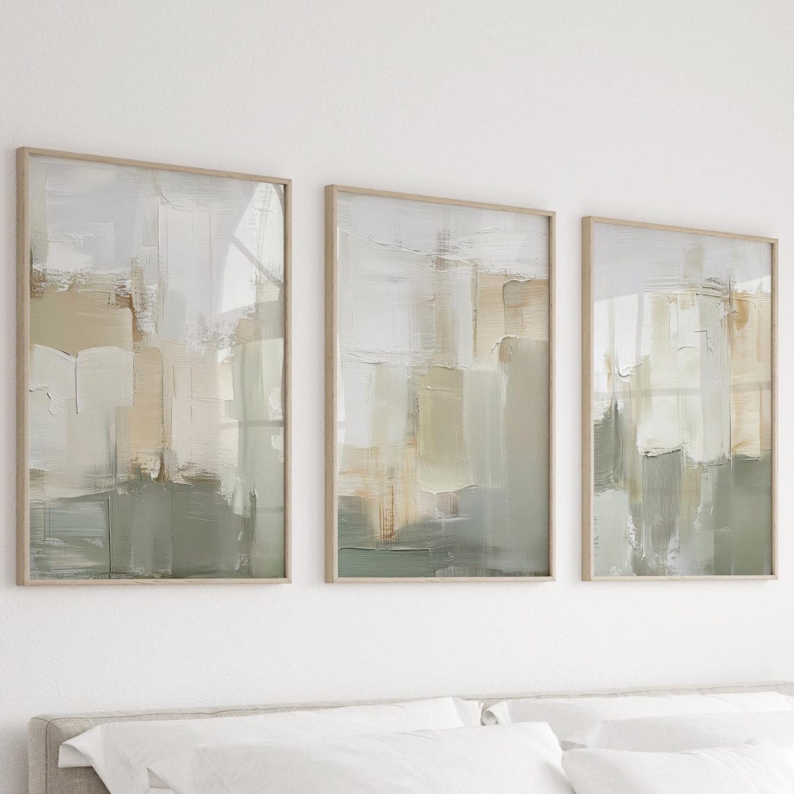 Green Abstract Painting Set of 3, Neutral Print, Sage Pastel Green ...