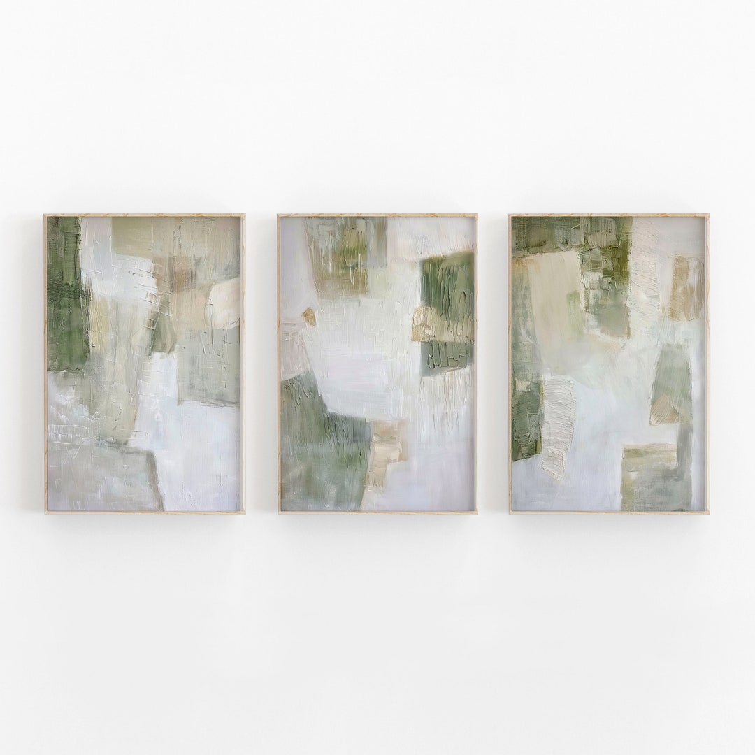 Green Abstract Painting Set of 3, Neutral Print, Sage Pastel Green ...