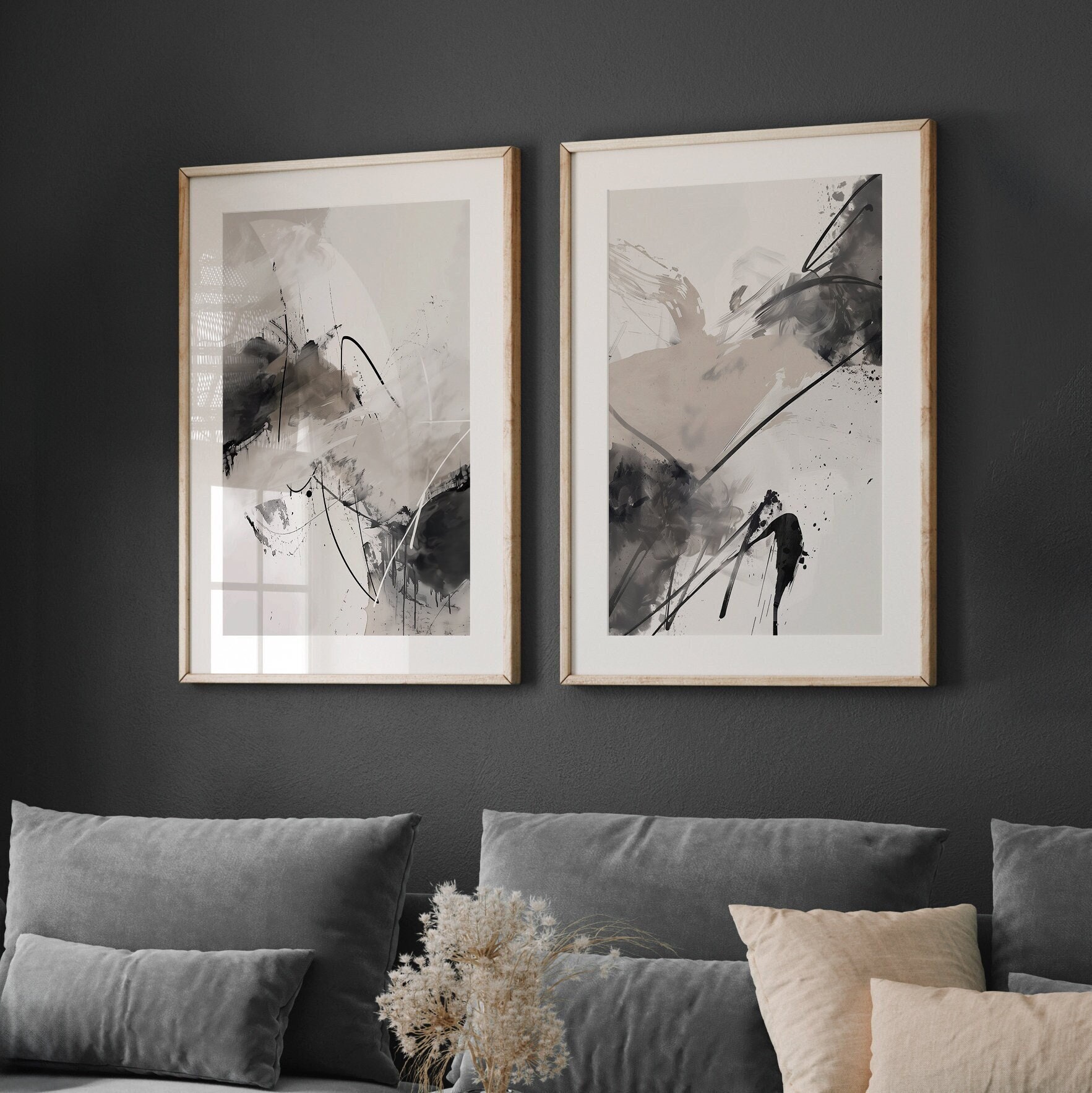 Grey and Black Painting Set of 2, Contemporary Abstract Print, INSTANT ...