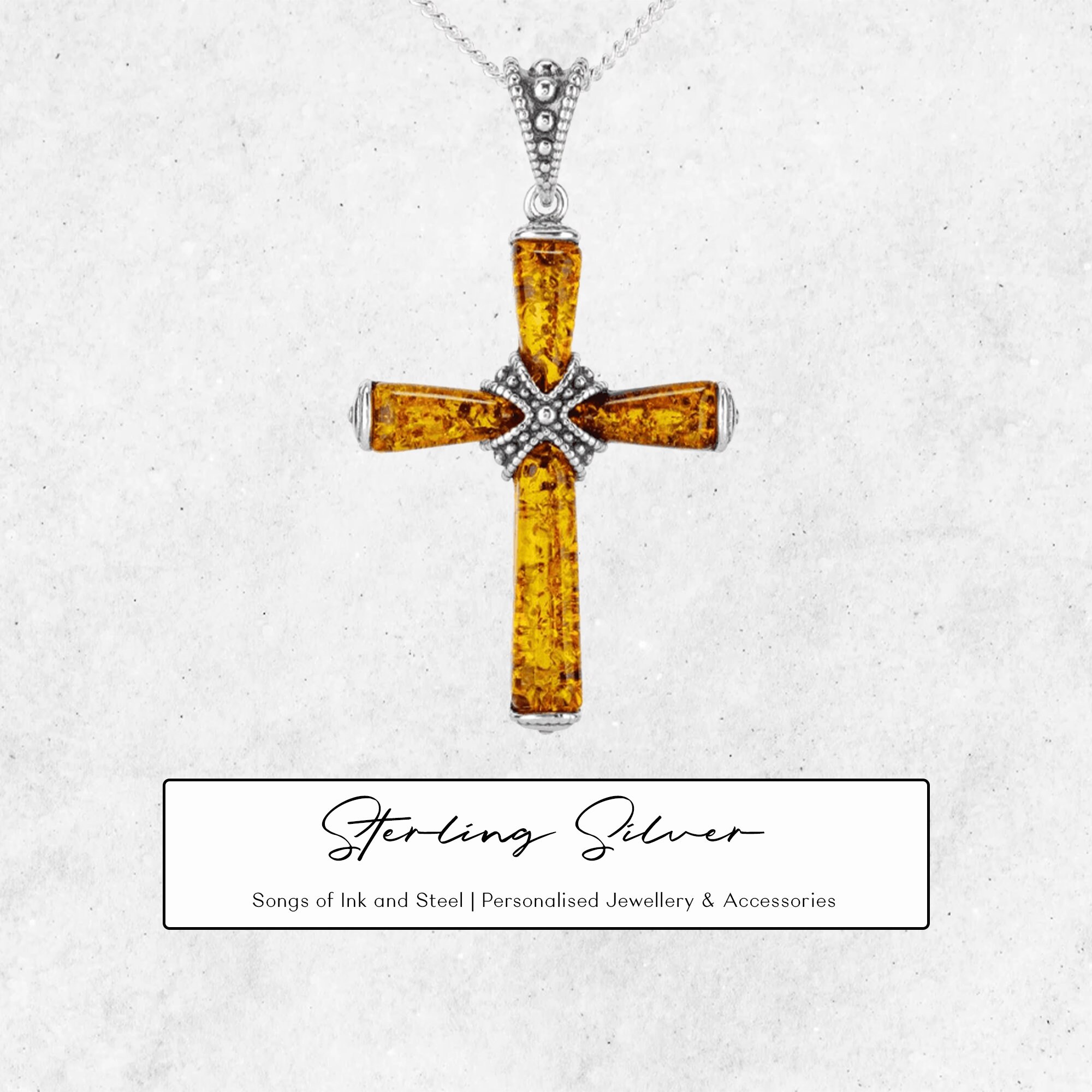 Sterling Silver Baltic Amber Cross Necklace with Optional Personalisation