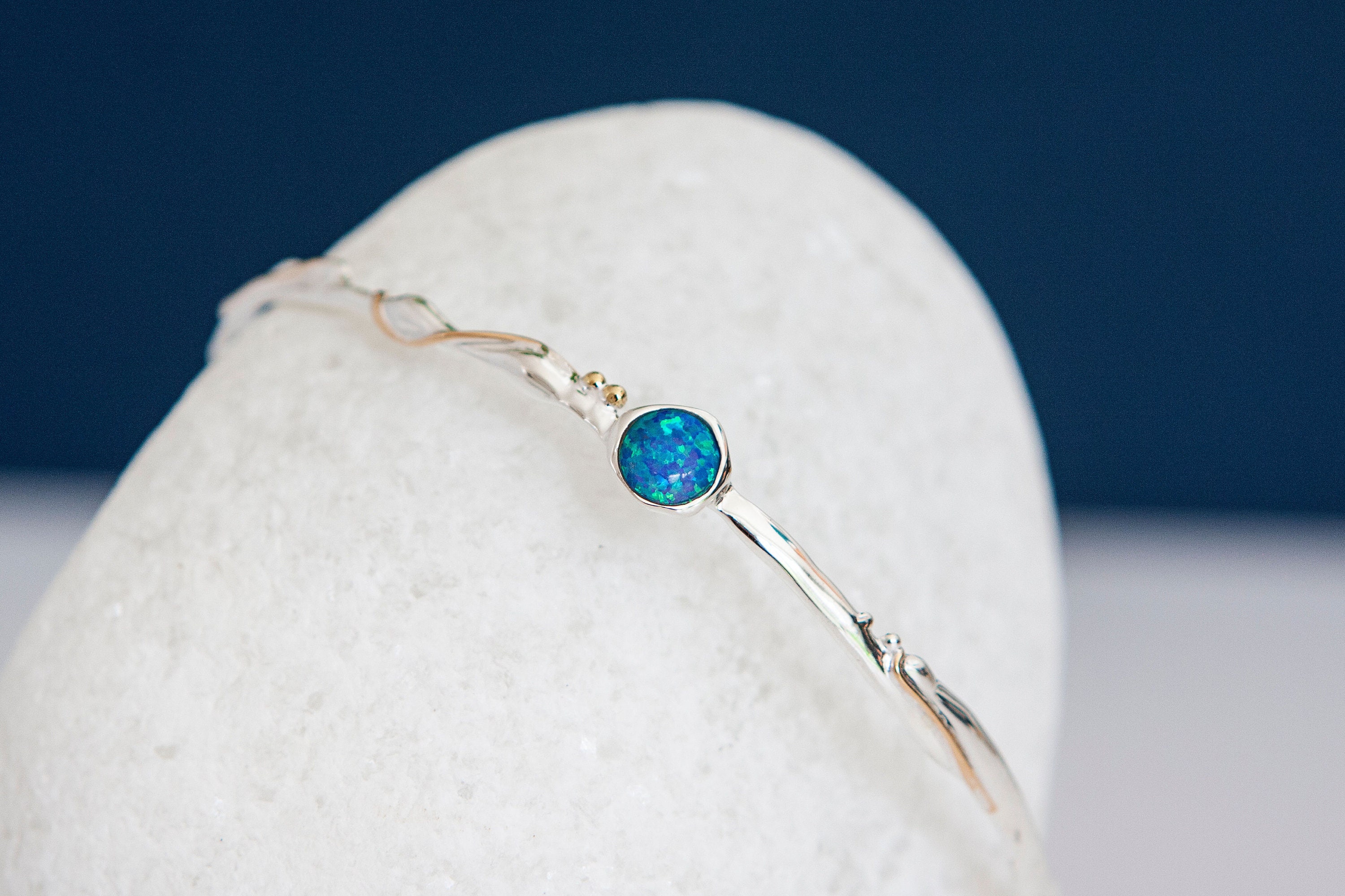 Sterling Silver and Round Blue Opal Bangle Bracelet