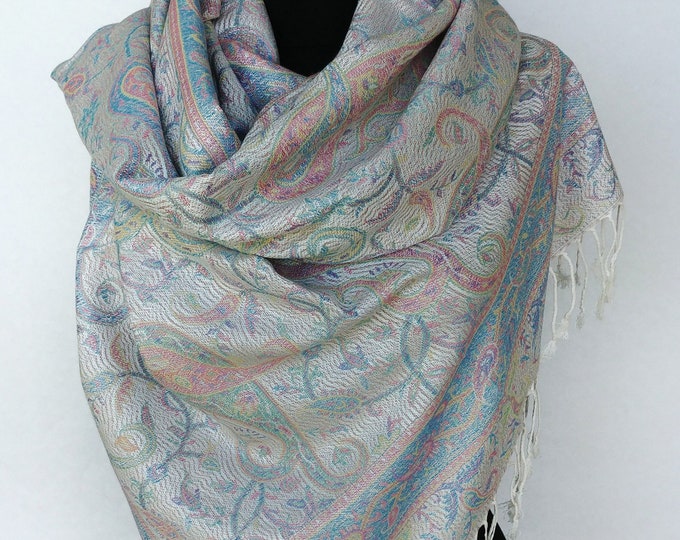 Wedding Pastel Shawl Paisley Silver Pashmina Scarf Wrap Oversize Shawl ...