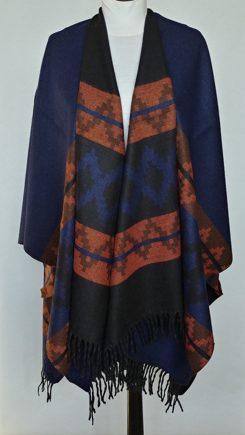 Navy Blue Poncho Reversible Blanket Shawl Wrap Blue Cape Tribal ...