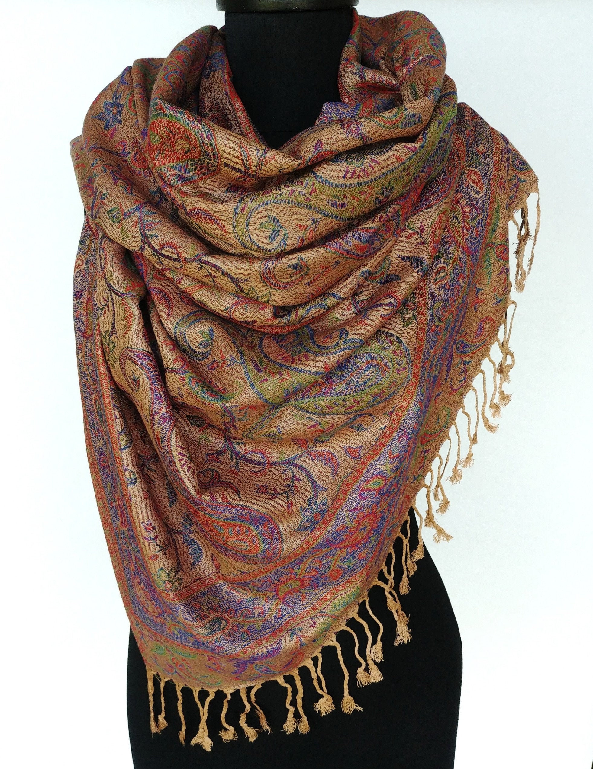 Dark Camel Pashmina Scarf Camel Ethnic Print Scarf Big Gold Pashmina ...