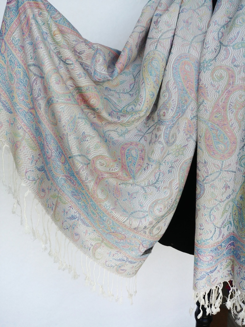 Wedding Pastel Shawl Paisley Silver Pashmina Scarf Wrap | Etsy