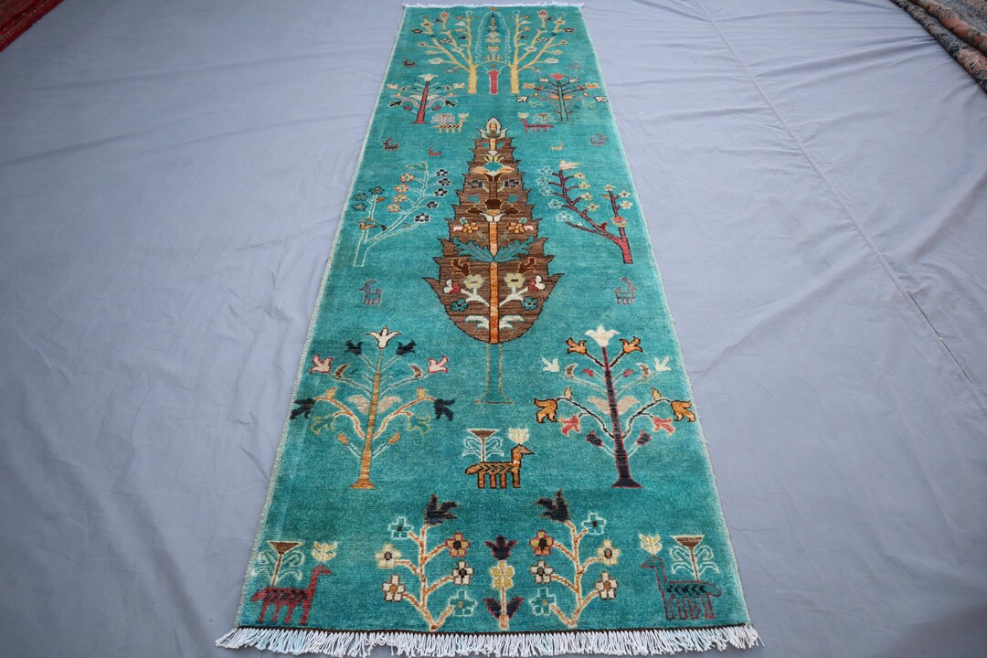 10ft Afghan Turquoise Tree of Life Runner Rug - Hand Knotted Woolen ...
