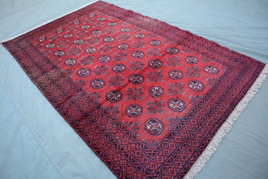 Vintage Turkmen Red Wool Rug – Afghan Bukhara Design, 3.9 X 6 Ft - Etsy