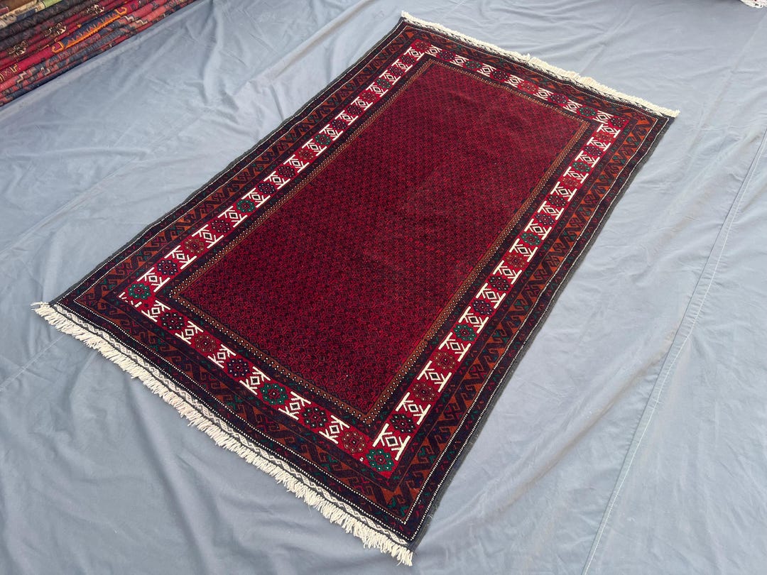4x6'4 Handmade Afghan Baluchi Rug, Red Geometric 100% Wool Rug, Vintage ...