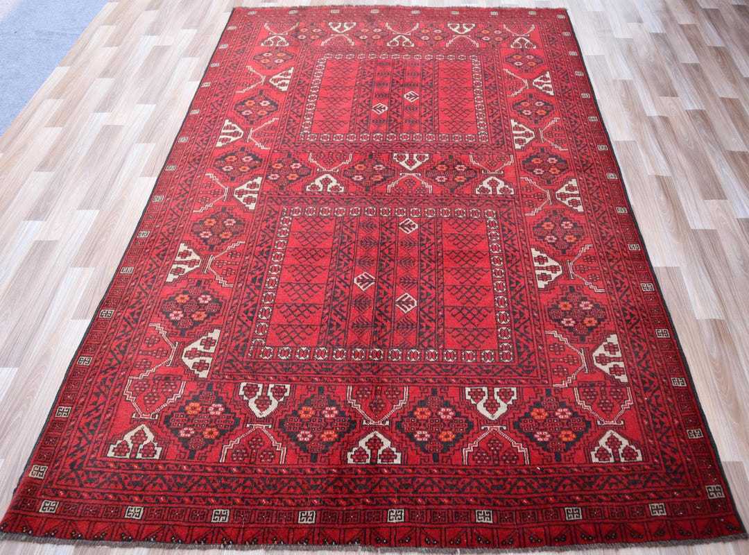 5x8ft Red Parda Tribal Area Rug, Afghan Hand-knotted Veg Dyes Wool Rug ...