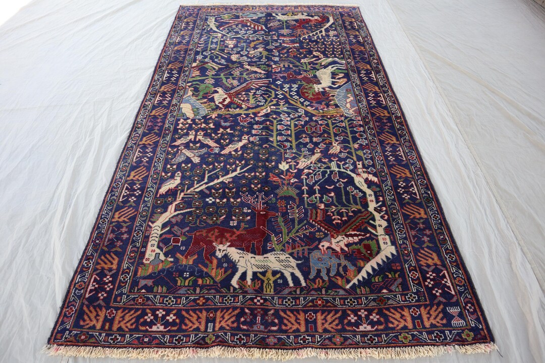 Vintage Afghan Pictorial Rug, Handwoven Baluch Wool Carpet, Nature ...