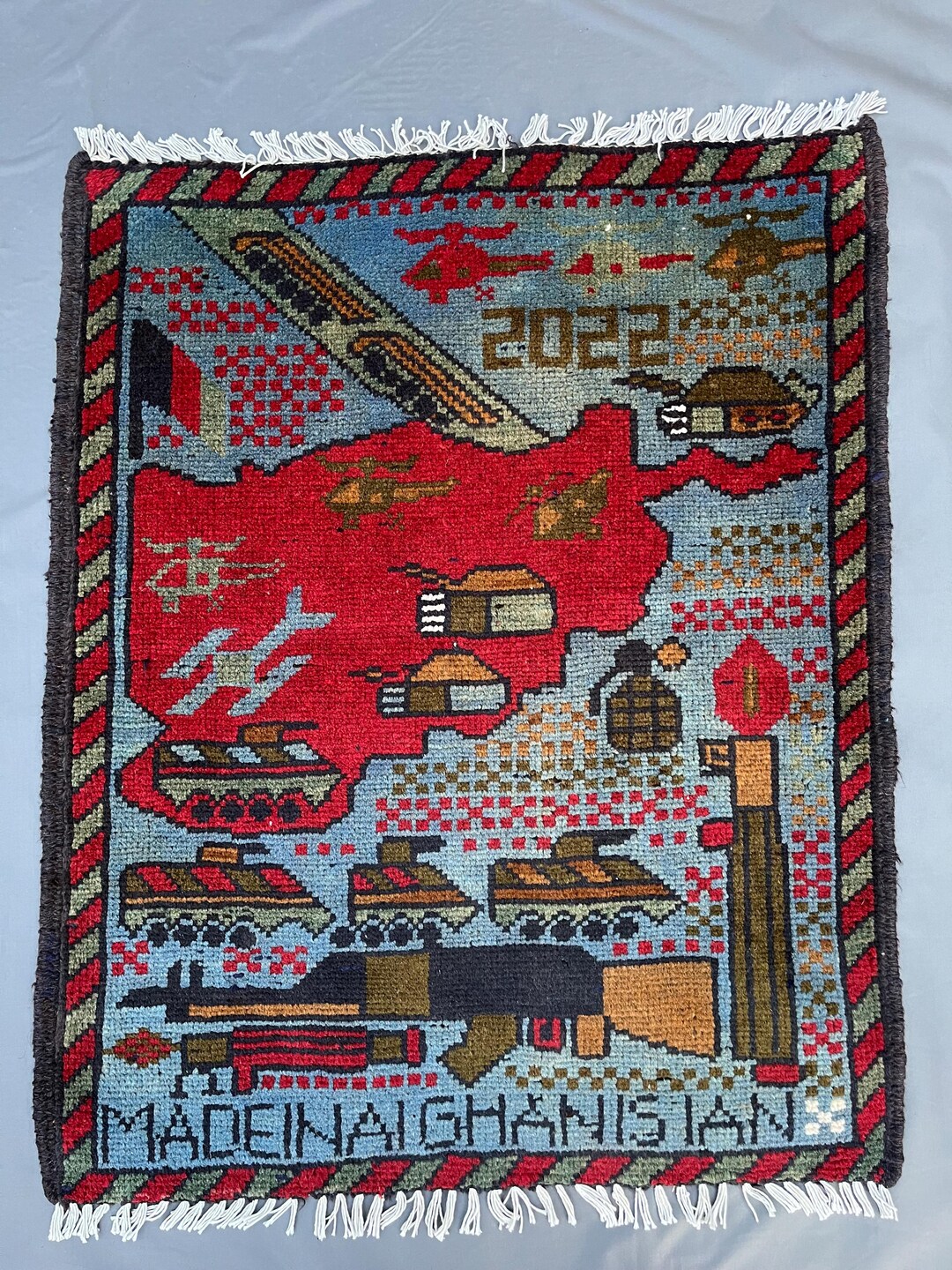 2x3 Faded Blue Afghan War Rug, Map Tank Ak7 Design Geometric Rug, Hand ...