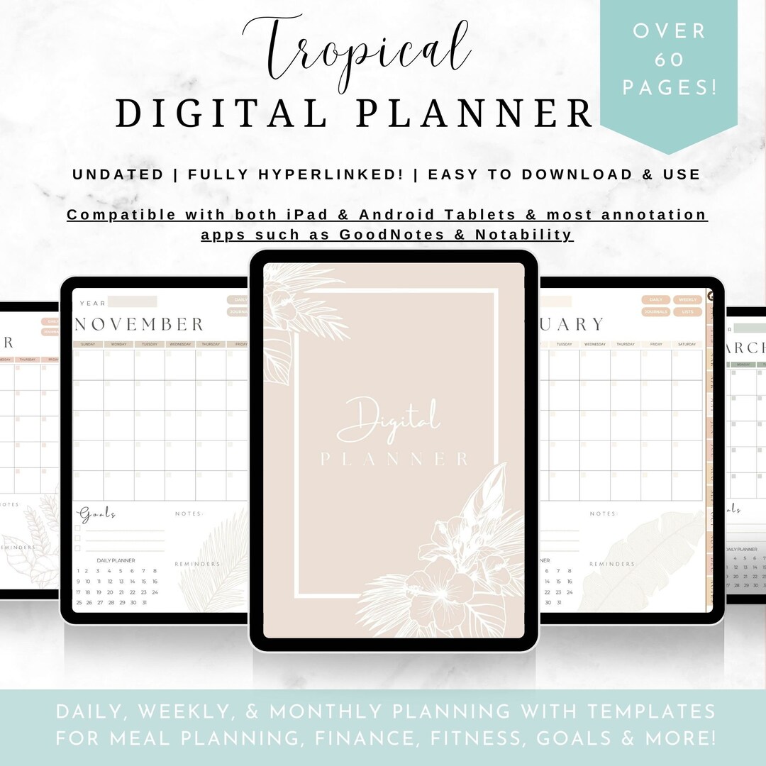 Ultimate, Undated, Tropical Digital Planner, Hyperlinked Planner ...