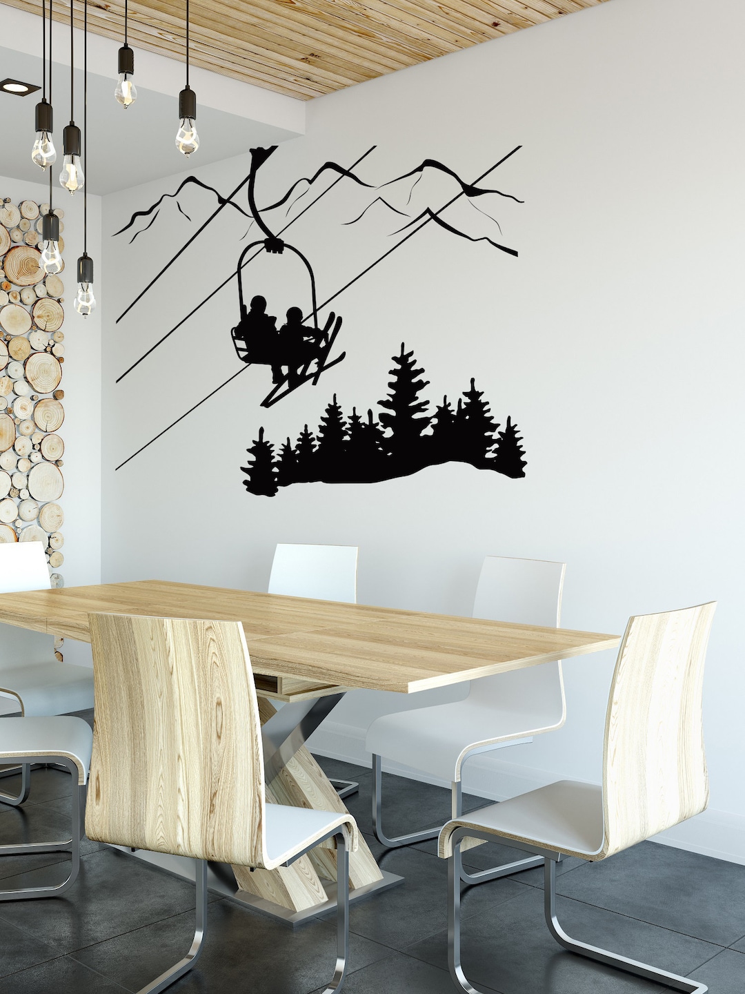 Skiing Wall Decal Skier Ski Lift Chair Mountain Pine Tree Sticker ...