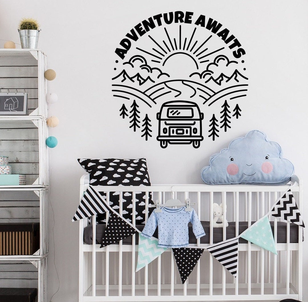 Adventure Awaits Wall Decal, Travel Quote Wall Art, Mountain Decor for ...