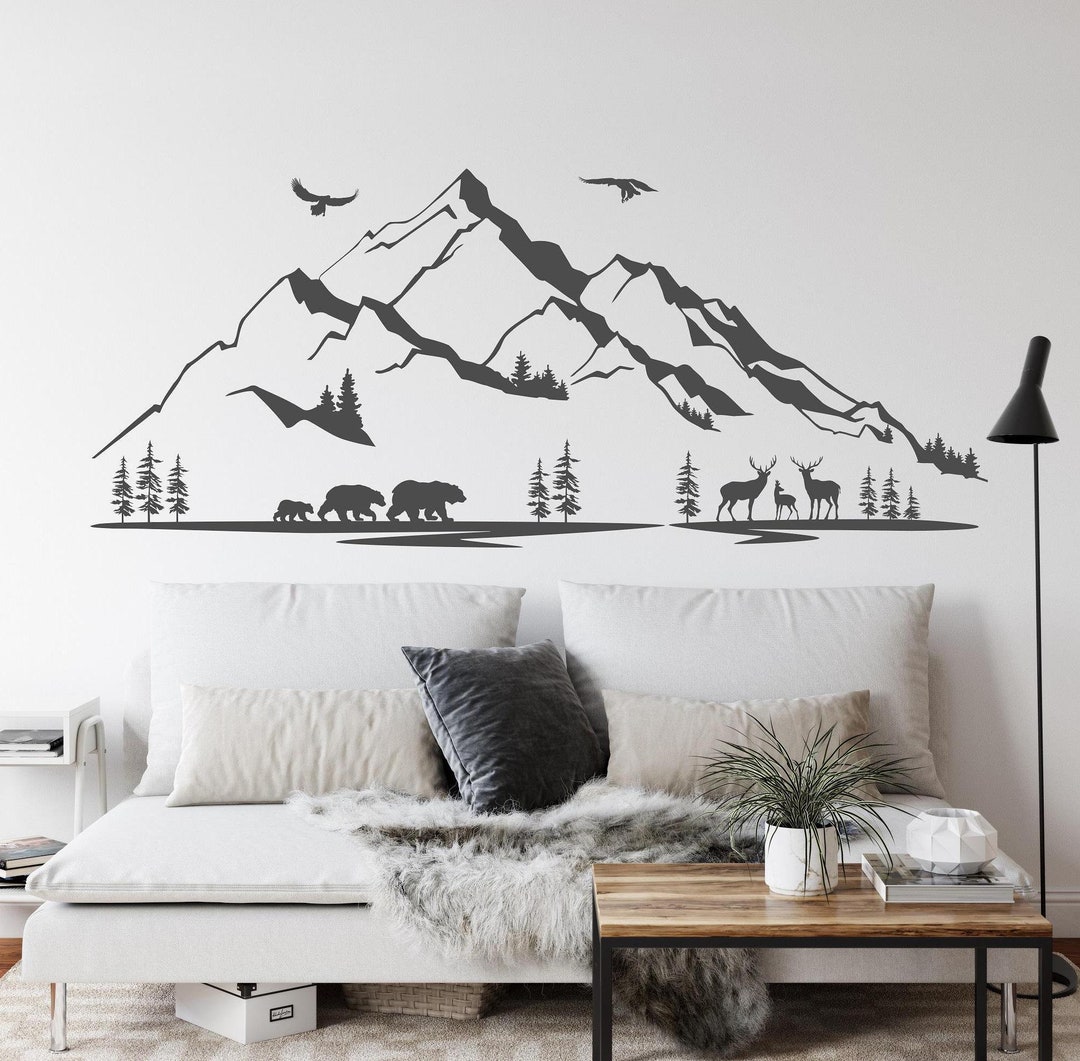 Woodland Landscape Wall Decal, Mountains Decor, Pine Trees Forest Wall ...