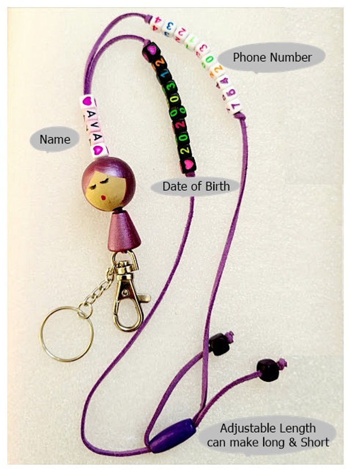 Personalized Colors Names Beads Lanyard for Kids / Doll Face Lanyard ...