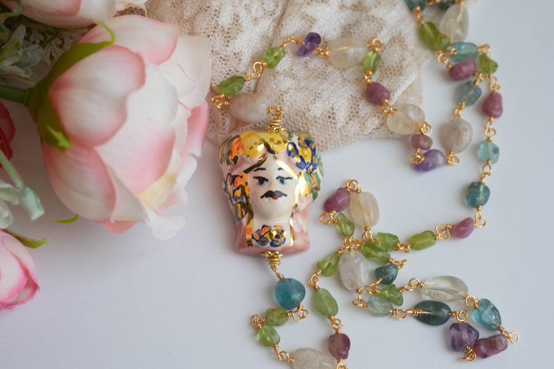Sicily Necklace, Testa Di Moro Man in Gold Leaf Caltagirone Ceramic ...