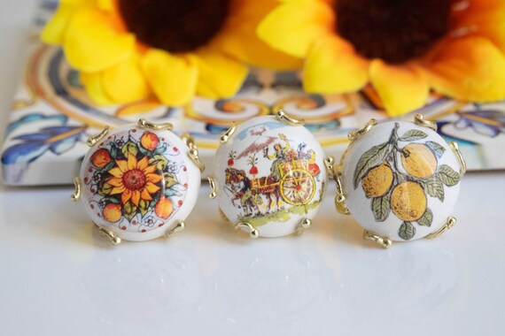 Round Tile Ring in Caltagirone Ceramic and Brass 3 Patterns - Etsy