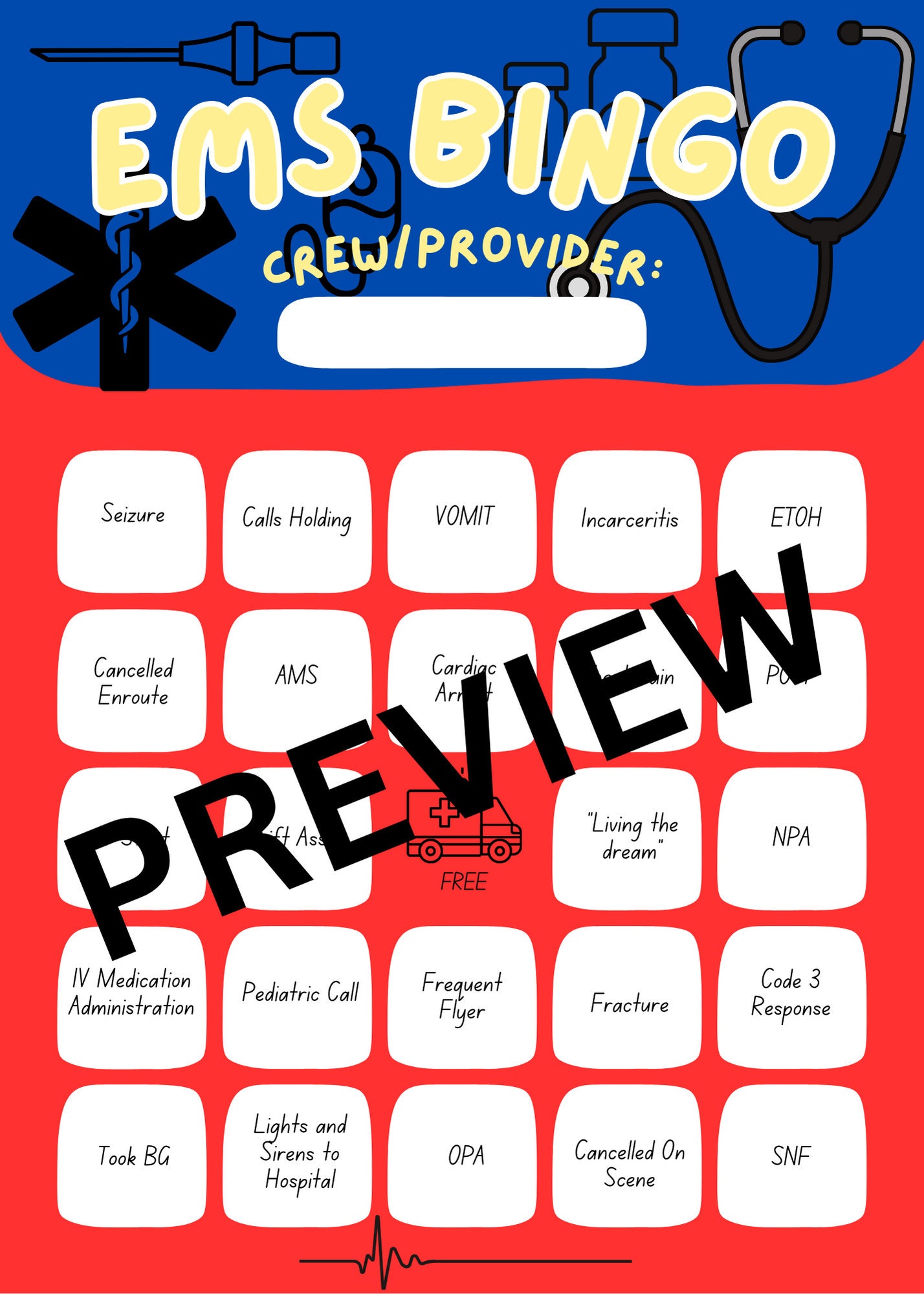 EMS Bingo, Fun EMT Games, EMS Week, First Responder Bingo, 911 Bingo ...