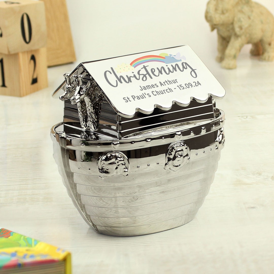 Personalised Boat Money Box Noah's Ark Naming Day Silver Money Box Any ...