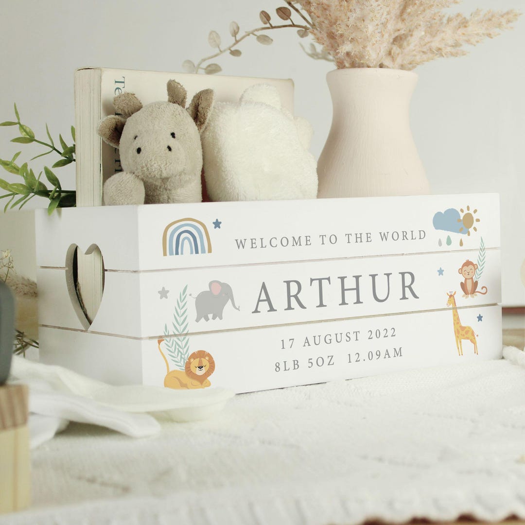 Personalized Safari Animals Wooden Crate, Rainbow Design, New Baby Gift ...