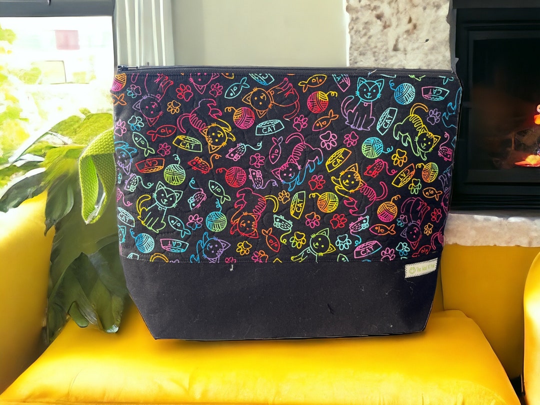 Large Quilted Handmade Zipper Cat Bag, Neon Quirky Cat Fabric Bag, Gift ...