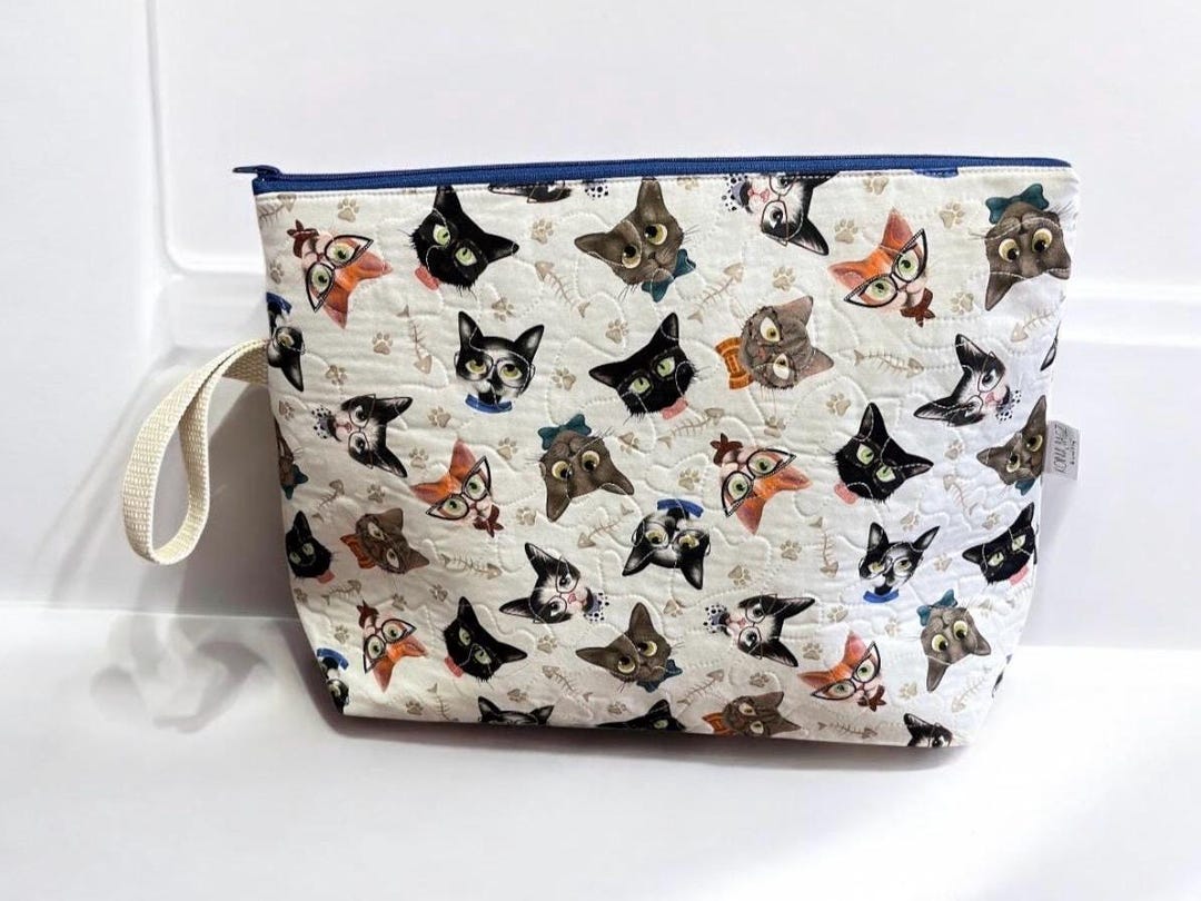 Cat Zipper Bag, Knitting or Crochet Project Bag, Handmade Zipper Pouch ...