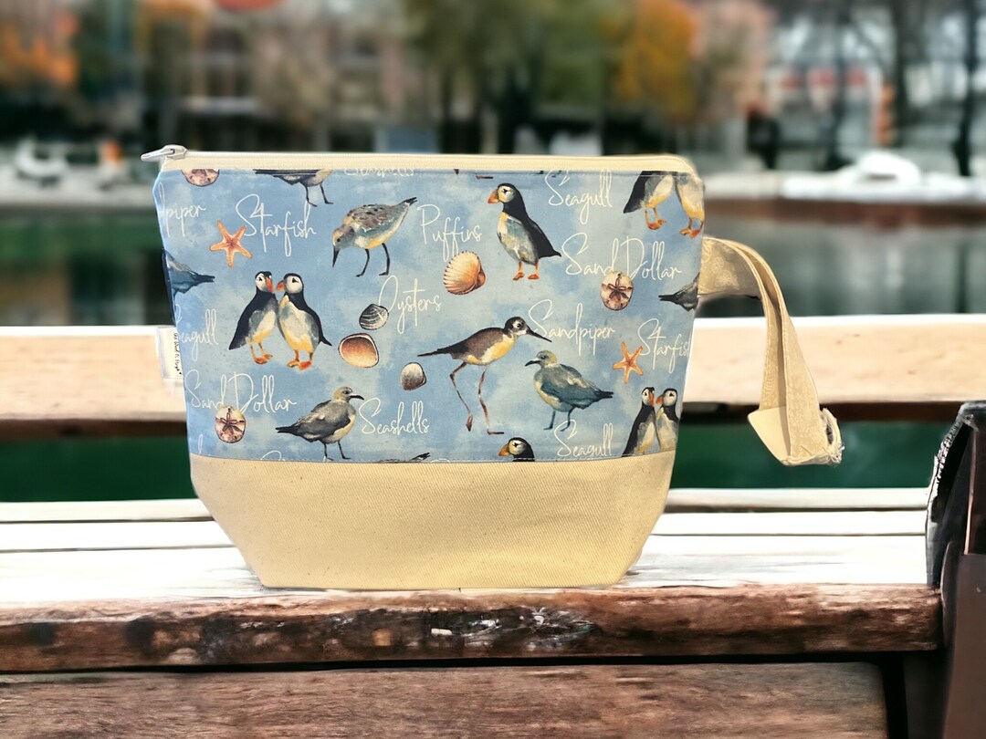 Knitting Bag, Handmade Zipper Pouch With Sea Creatures, Birds, Puffins ...