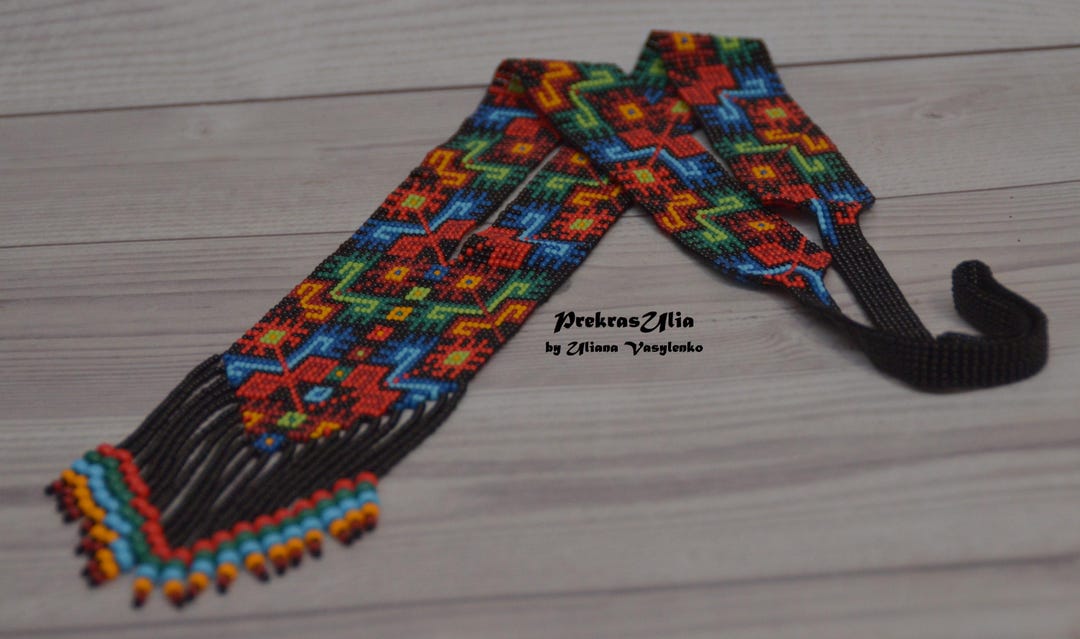 Black Long Gerdan Traditional Ukrainian Gerdan Handmade Glass Beaded ...