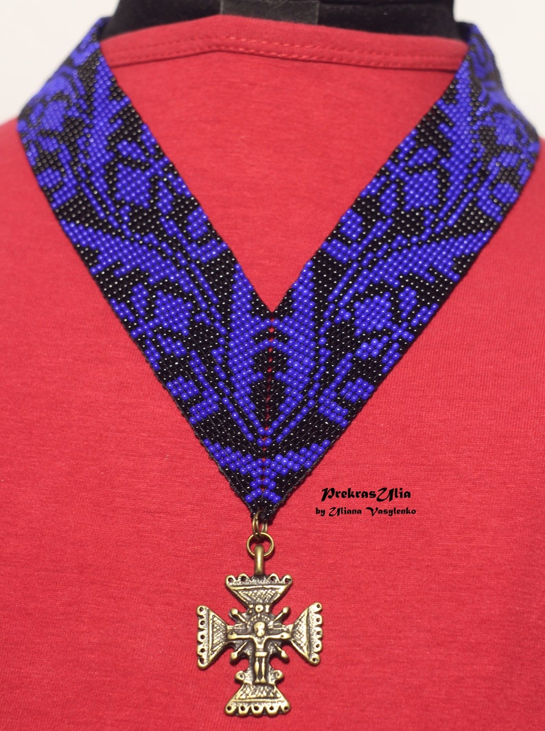 Blue black gerdan gift Ukrainian Seed bead Gerdan necklace | Etsy