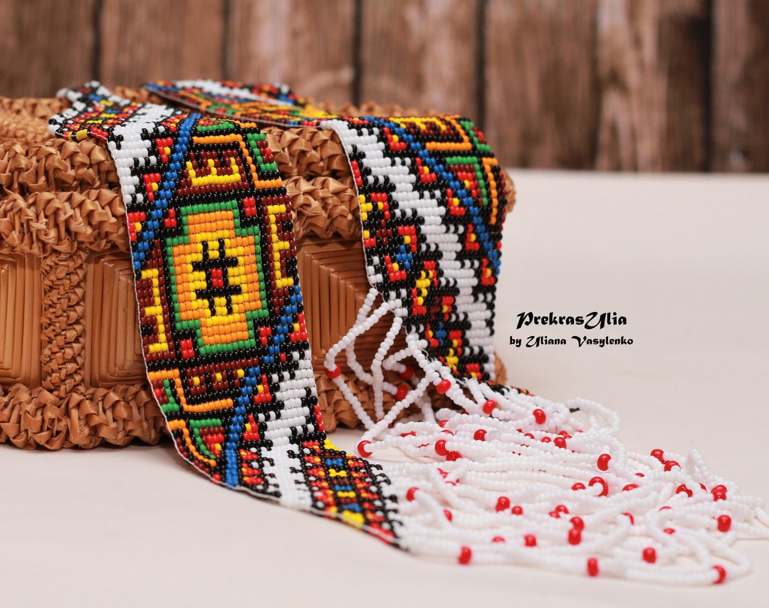 Gerdan From Beads With an Ornament White Many Beaded Threads Ukrainian ...