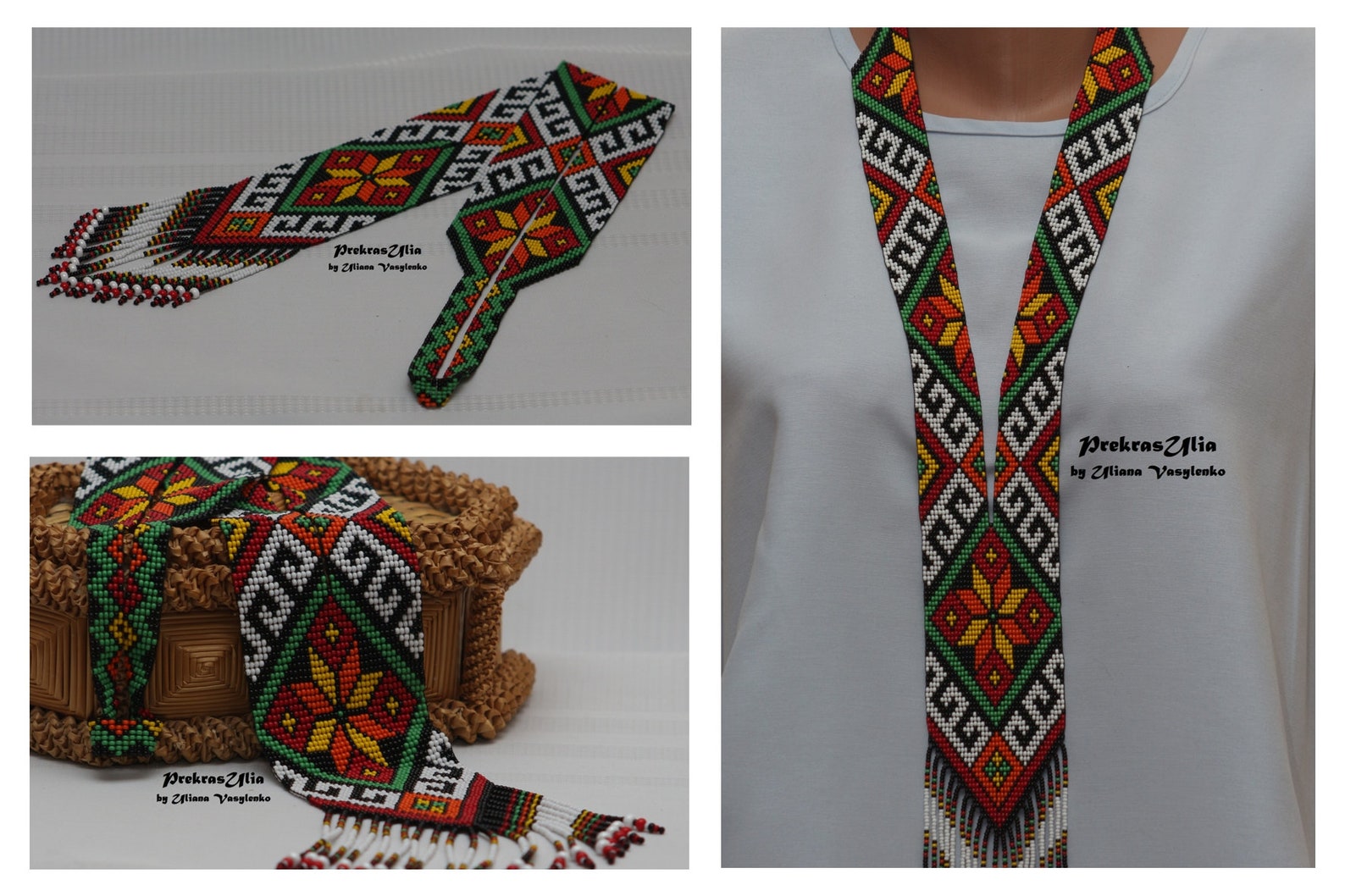 Traditional Ukrainian Gerdan Handmade Glass Beaded Necklace Long Gerdan ...